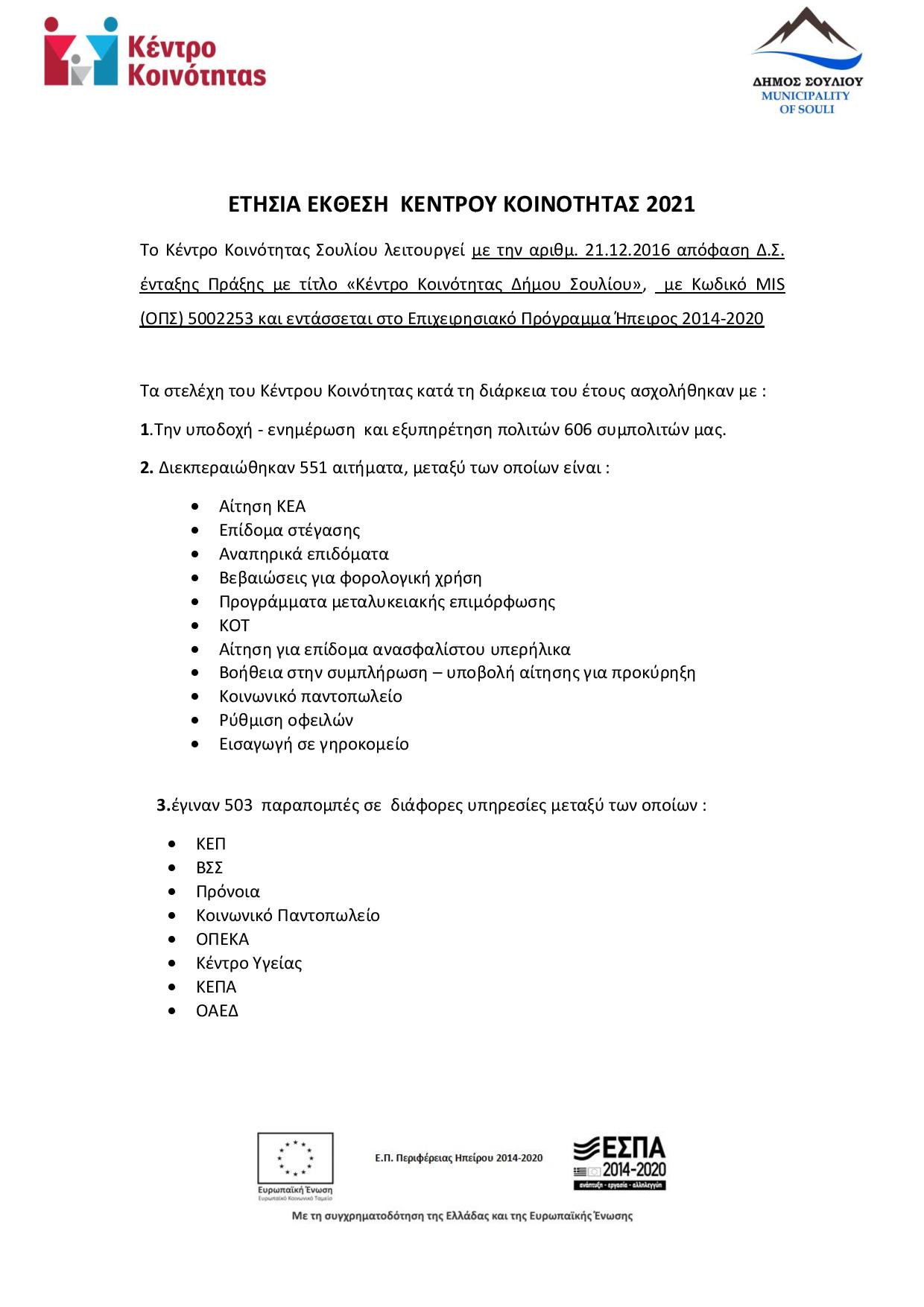 ΕΤΗΣΙΑ ΕΚΘΕΣΗ ΚΕΝΤΡΟΥ ΚΟΙΝΟΤΗΤΑΣ ΔΗΜΟΥ ΣΟΥΛΙΟΥ 2021 | Δήμος Σουλίου